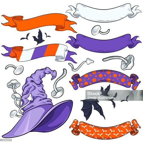 다양한 리본 박쥐 독 버섯 다채로운 벡터 일러스트와 마녀 모자의 큰 세트 0명에 대한 스톡 벡터 아트 및 기타 이미지 0명 가공의 인물 가리기 Istock