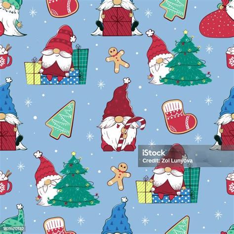파란색 배경에 진저 브레드 쿠키와 선물이 있는 재미 있는 난쟁이 요정이 있는 완벽한 패턴입니다 인쇄 가능한 휴일 만화 캐릭터