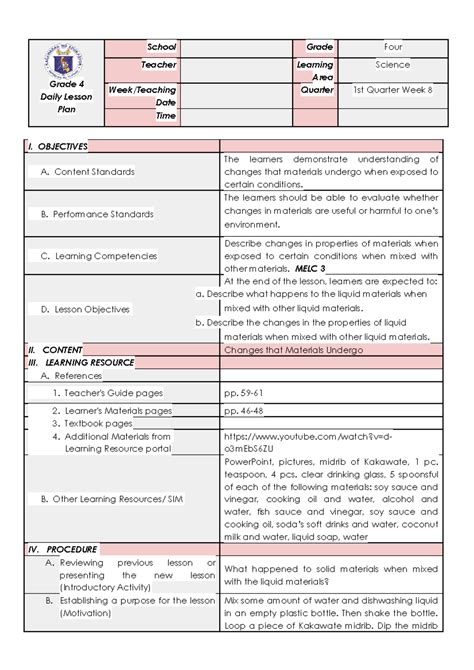 Cot Science 4 Q1 W7 Sample Cot Grade 4 Daily Lesson Plan School Grade Four Teacher Learning