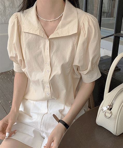 둥실코코 3색 와이드 벌룬 코튼 셔츠 여름 반팔 하늘색 노란색 화이트 면 5부 셔링 퍼프 소매 면 핀턱 반소매 단추 카라