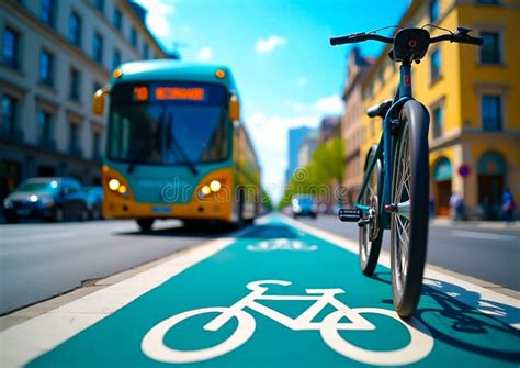 Sustainable Urban Commute Bicycle In A Dedicated Bike Lane Stock
