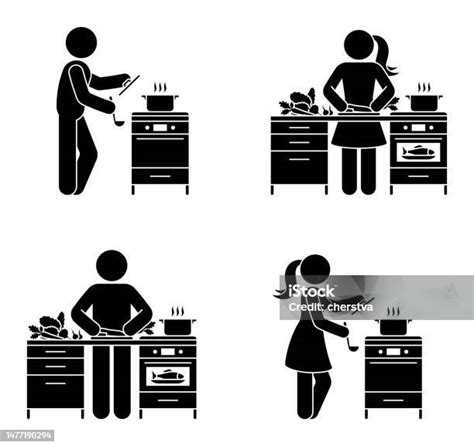 스틱 그림 남자와 여자는 집에서 만든 저녁 식사 벡터 일러스트 세트를 준비합니다 부엌에서 요리하는 스틱맨 사람 아이콘 실루엣