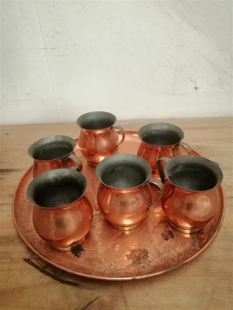 Vintage Set With Tray Jug And Mugs In Copper 14 Diam Copperware