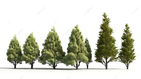 Ten Tree Trees In A Row On A White Background 3d Illustration Small Size Cupressus Trees