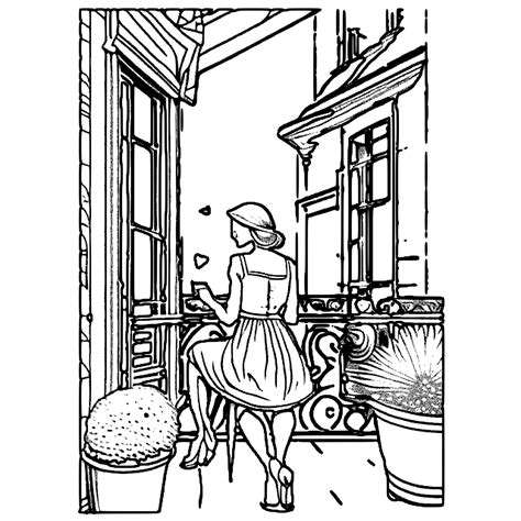French Balcony Coloring Page Woman Sitting Creative Fabrica