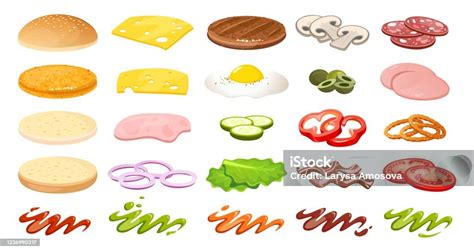 햄버거 재료 컬렉션입니다 Diy 버거 요소는 만화 스타일의 흰색 백그루드에 고립 얇게 썬 채소 소스 롤빵 햄버거용 커틀릿 부엌과