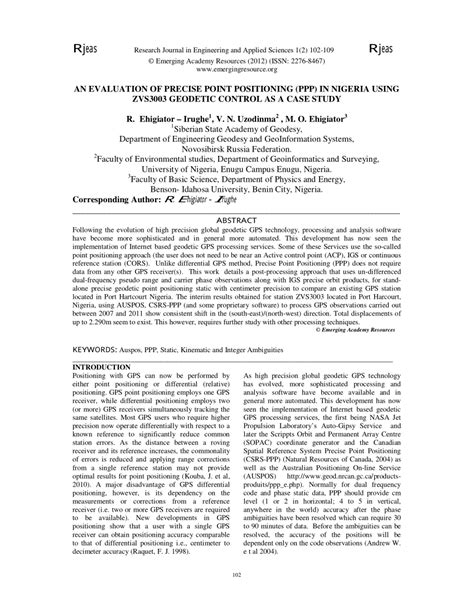 Pdf An Evaluation Of Precise Point Positioning Ppp In Nigeria Using Zvs3003 Geodetic Control