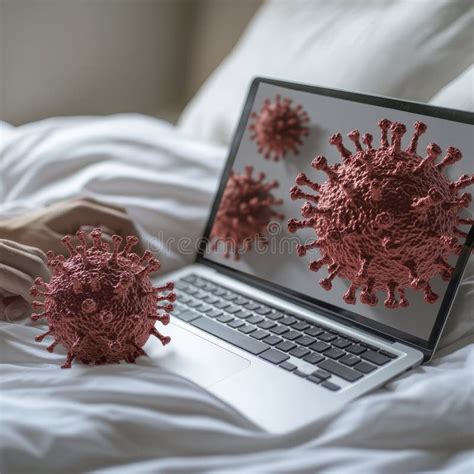 Laptop Displaying 3d Virus Render On Bed Stock Illustration Illustration Of Biology Digital