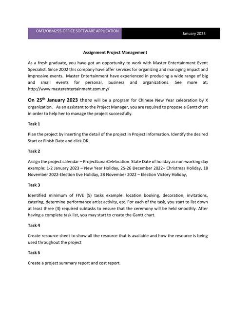 MS Project Assign OMT OBM OFFICE SOFTWARE APPLICATION January Assignment Project Studocu