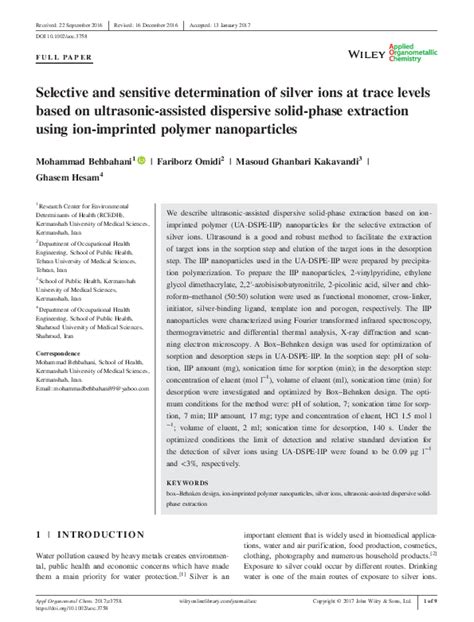Pdf Selective And Sensitive Determination Of Silver Ions At Trace Levels Based On Ultrasonic