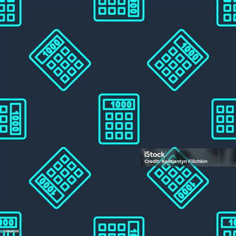 녹색 선 계산기 아이콘 은 파란색 배경에 원활한 패턴을 격리 회계 기호입니다 비즈니스 계산 수학 교육 및 금융 벡터 개념에 대한