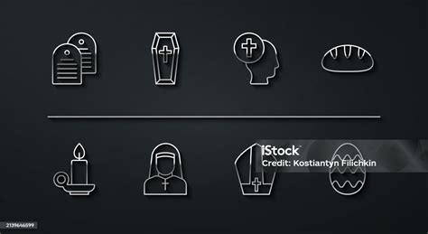 세트 라인 성경 책 촛대에 불타는 촛불 기독교 빵 교황 모자 수녀 관 부활절 달걀 및 사제 아이콘 벡터 검은색에 대한 스톡 벡터 아트 및 기타 이미지 Istock