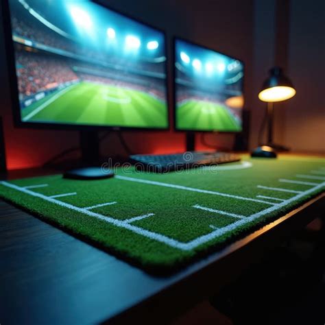 Gaming Setup With Football Field Mousepad Dual Screens Computer