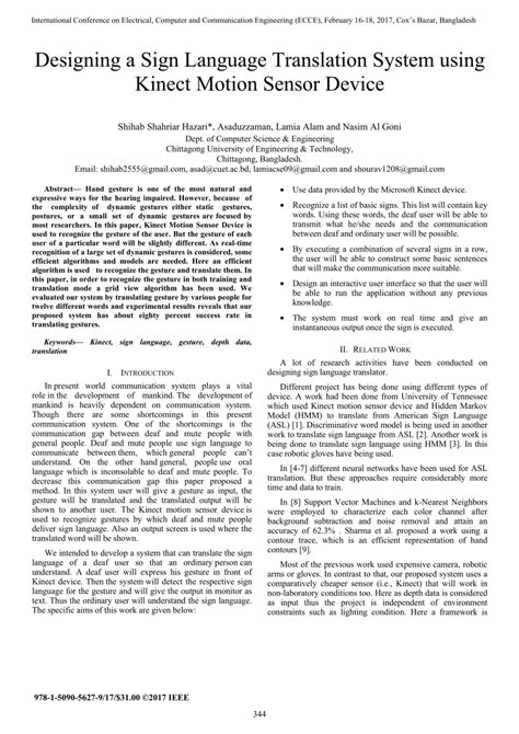 Pdf Designing A Sign Language Translation System Using Kinect Motion Sensor Device