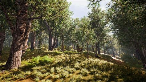 Realistic 3d Render Of A Beautiful Green Forest On A Sunny Day Stock