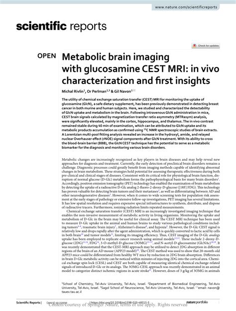 Pdf Metabolic Brain Imaging With Glucosamine Cest Mri In Vivo Characterization And First Insights
