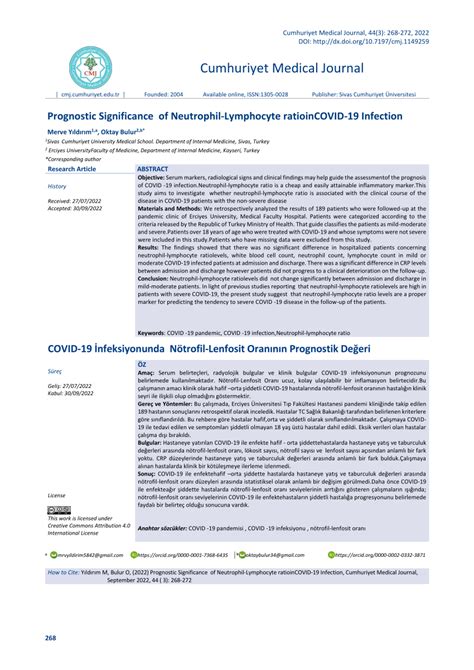 Pdf Covid 19 İnfeksiyonunda Nötrofil Lenfosit Oranının Prognostik Değeri