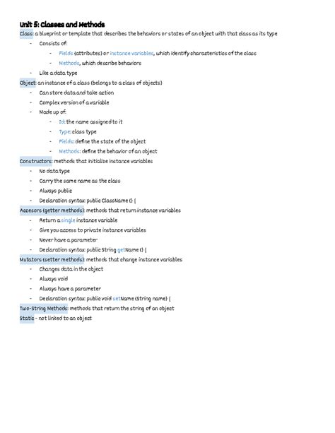 APCSA Notes Unit Unit Classes And Methods Class A Blueprint Or Template That
