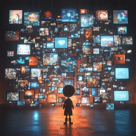 Large Wall Of Screens Displaying Various Social Media Feeds Premium