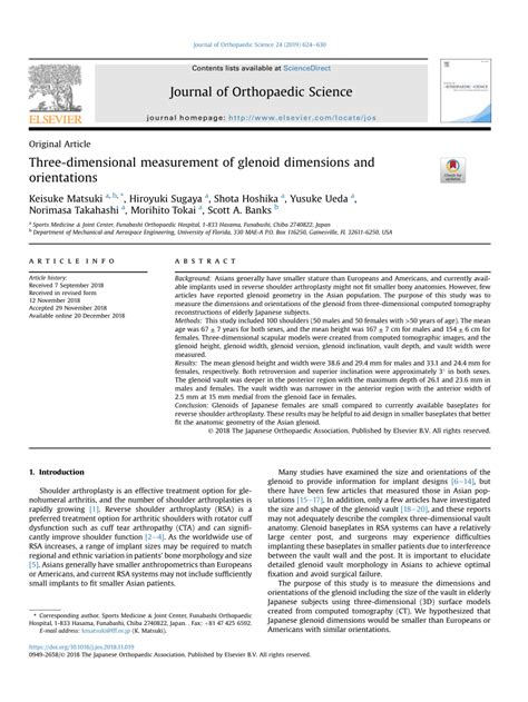 Pdf Three Dimensional Measurement Of Glenoid Dimensions And Orientations