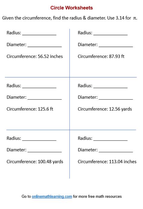 Find Radius From Circumference Worksheets Printable Online Answers
