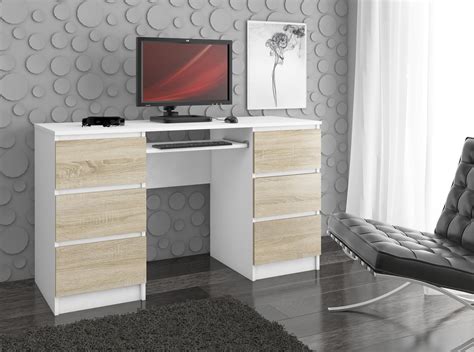 Computertafel A 11 135 Cm 6 Lades Wit Eik Sonoma Met Uittrekbaar Toetsenbordplateau