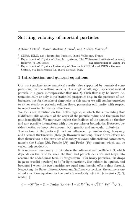 Pdf Settling Velocity Of Inertial Particles