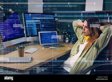 Double Exposure Of Transgender Programmer At Workplace And Computer