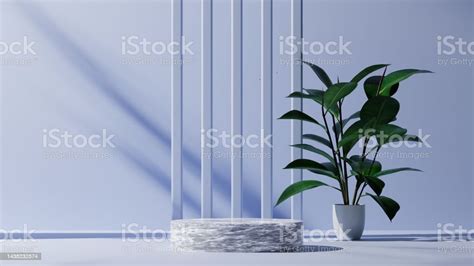 흰색 대리석 받침대 연단 모형 자연 잎과 식물이 있는 파란색 벽 배경 제품 쇼케이스 및 프레젠테이션을 위한 빈 플랫폼 3d 렌더링 배경 주제에 대한 스톡 사진 및 기타
