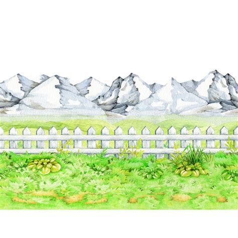 Spring Season Green Grassy Ground With White Fence Mountain Range