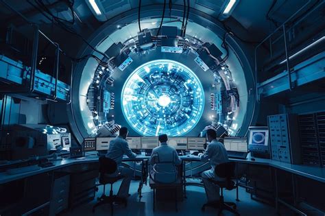 Scientists In A Control Room Monitoring A Futuristic Machine Premium Ai Generated Image
