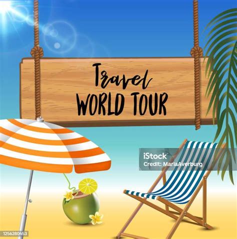 파라솔 체이스 라웅 코코넛 코크테일이 비치 배경에 있는 여행 월드 투어 타이포그래피 비문 사실적인 태양 플레어 3차원 형태에