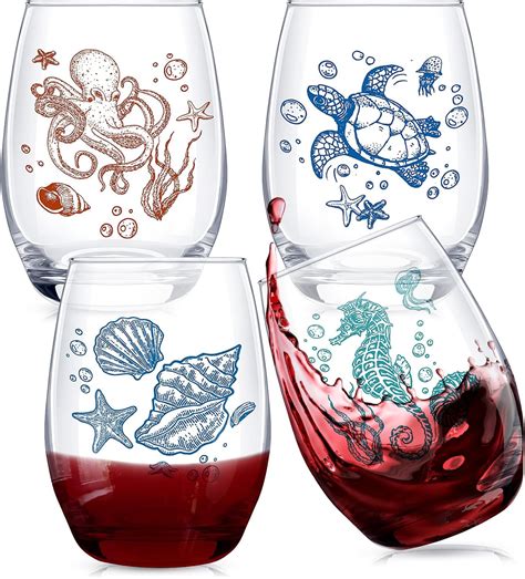 Jingmore 4 Pcs 19 Oz Ocean Wine Stemless Glasses Set Sea