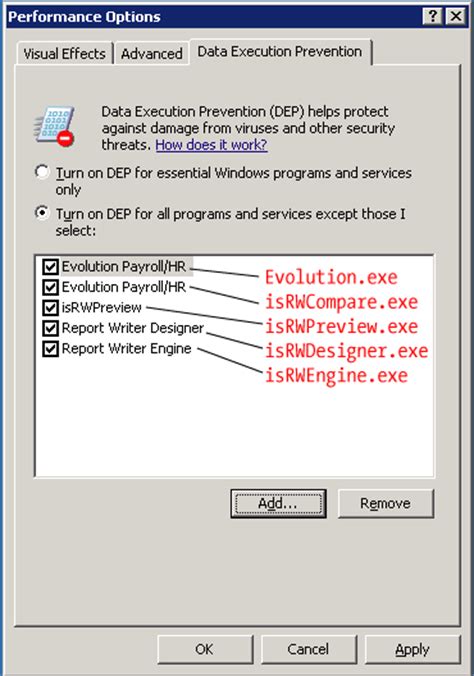 Configuring Data Execution Prevention For Evolution