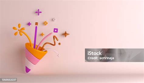 색종이 복사 공간 텍스트 행복한 새해 장식 배경 3d 렌더링 일러스트와 폭발 파티 포퍼 콘 3차원 형태에 대한 스톡 사진 및 기타 이미지 Istock