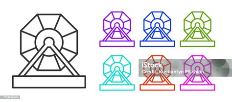 검은 선 복권 기계 아이콘은 흰색 배경에 분리되어 있습니다 행운의 로또 빙고 게임 개념입니다 휠 드럼 레저 아이콘을 화려하게 설정합니다 벡터 3차원 형태에 대한 스톡 벡터