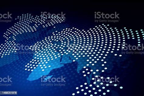 추상적인 진한 파란색 배경 디자인 템플릿에 디지털 그래픽 흰색 점선 세계 지도의 맨 위에서 봅니다 3d 렌더링 네온에 대한 스톡