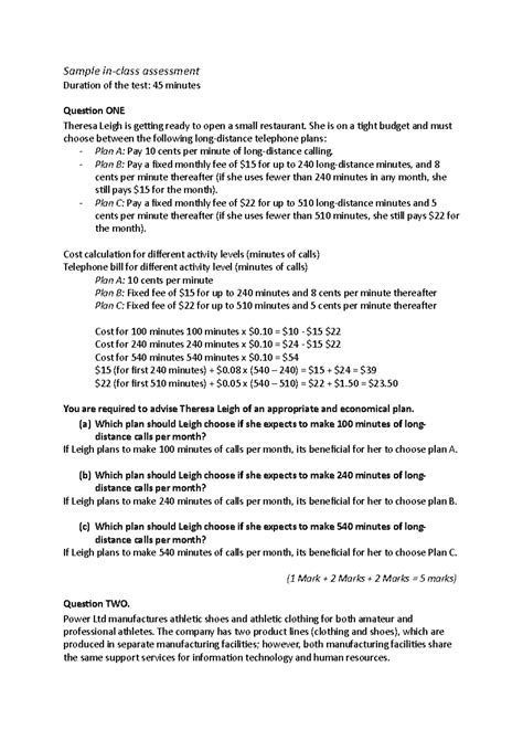 Sample In Class Assessment Sample In Class Assessment Duration Of The Test 45 Minutes