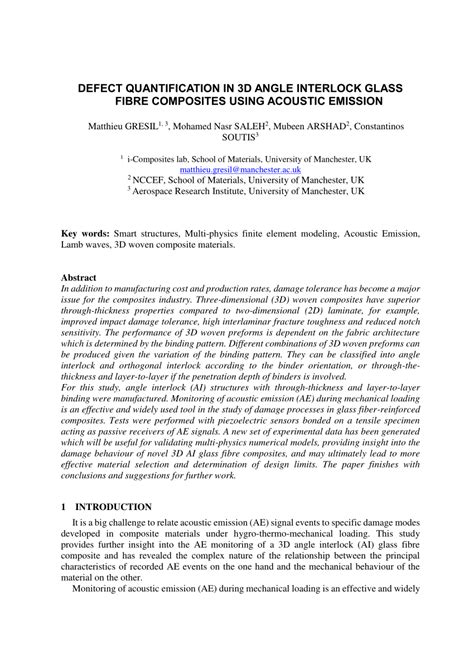 Pdf Defect Quantification In 3d Angle Interlock Glass Fibre Composites Using Acoustic Emission