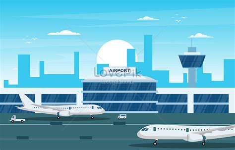 블루 공항 및 일출 풍경 벡터 일러스트 무료 다운로드 Lovepik