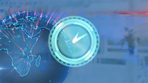 Animation Of Neon Ticking Clock Over Spinning Globe And World Map Against Empty Office Stock
