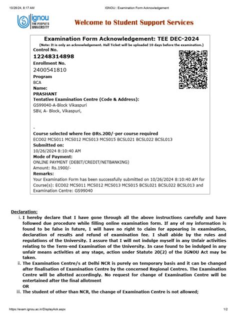 Ignou Examination Form Acknowledgement Pdf