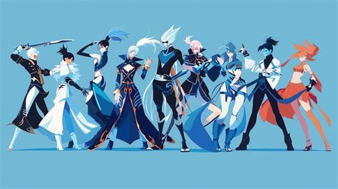 A Group Of Eight Anime Characters In Different Poses Premium Ai