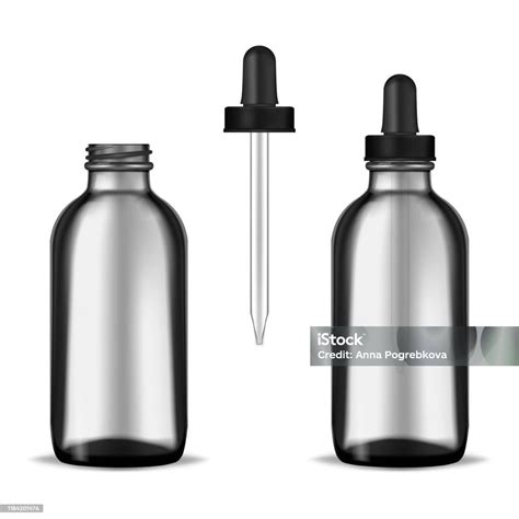 흰색 배경에 격리 나사 드롭퍼 캡 사실적인 모형 그림과 함께 열고 폐쇄 어두운 투명 두꺼운 유리 병 화장품 또는 의료 제품 용기 벡터 모형 3차원 형태에 대한 스톡 벡터