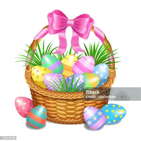 흰색 배경에 고립 된 색칠한 부활절 달걀이있는 부활절 바구니 바구니에있는 부활절 달걀 계란으로 가득 찬 바구니 벡터 일러스트레이션 4월에 대한 스톡 벡터 아트 및 기타