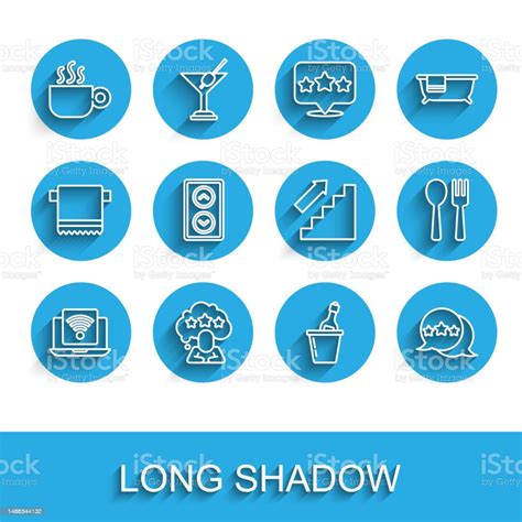 세트 라인 무선 노트북 별 다섯 개 등급 리뷰 커피 컵 샴페인 얼음 양동이 리프트 포크 및 숟가락 및 계단 아이콘 벡터 장치