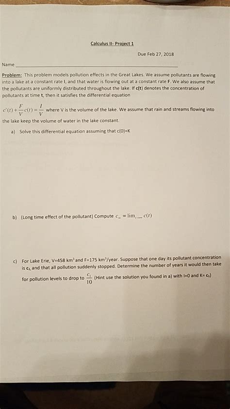 Solved Calculus Ii Proj Due Feb 27 2018 Name Problem This