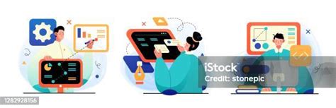 디자인 및 개발 일러스트레이션 회사 사무실에서 일하는 프로그래머 및 디자이너와 함께 컨셉 일러스트레이션 컬렉션 웹 디자인 배너 모바일 앱 방문 페이지에 적합합니다 벡터