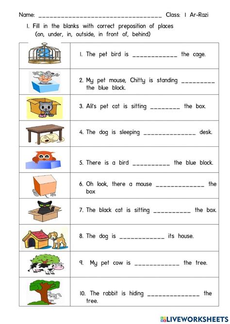 Preposition Of Place Online Worksheet For Year 1 Prepositions English Language Learning