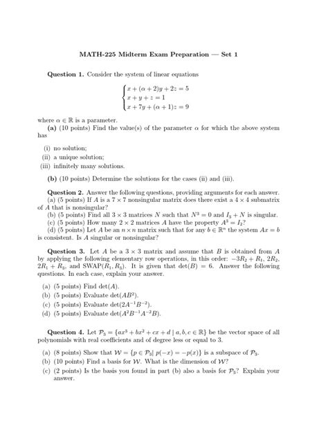 Math225 Midterm Preparation Set1 Pdf Matrix Mathematics Basis Linear Algebra